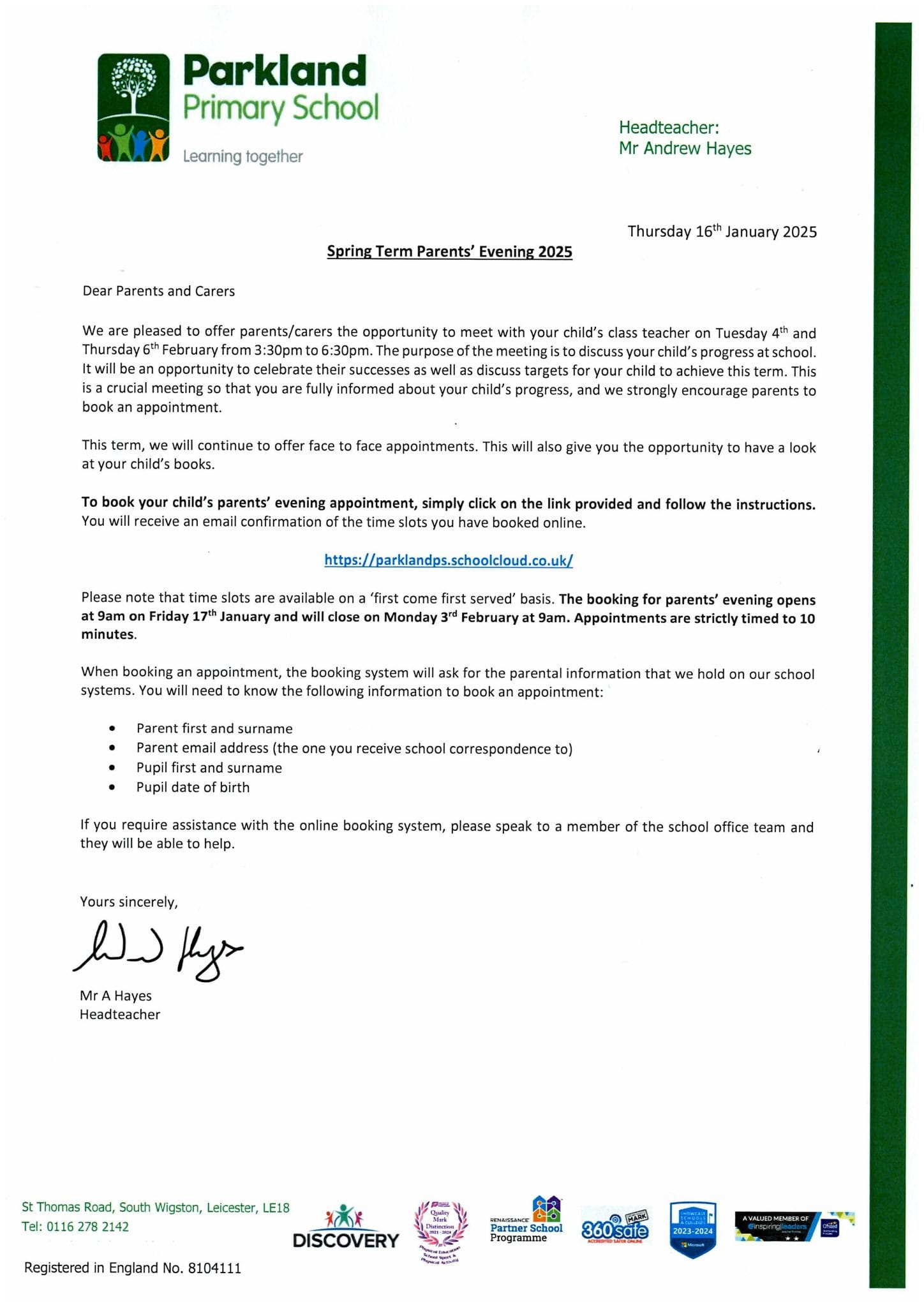 Spring Term – Parents Evening 2025 – Parkland Primary School